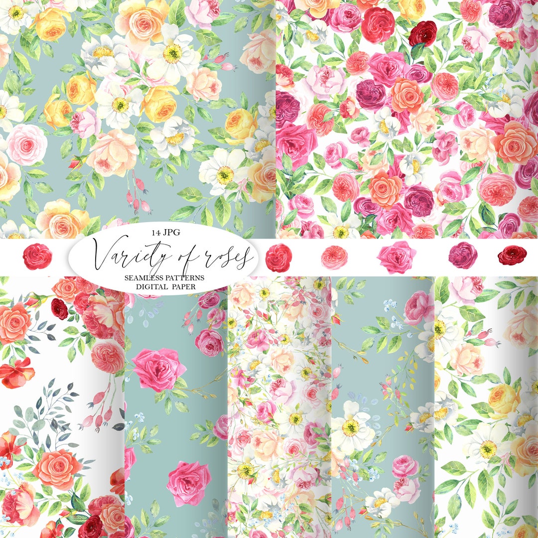 Watercolor Roses Floral Digital Paper, Garden Seamless Pattern, Yellow ...