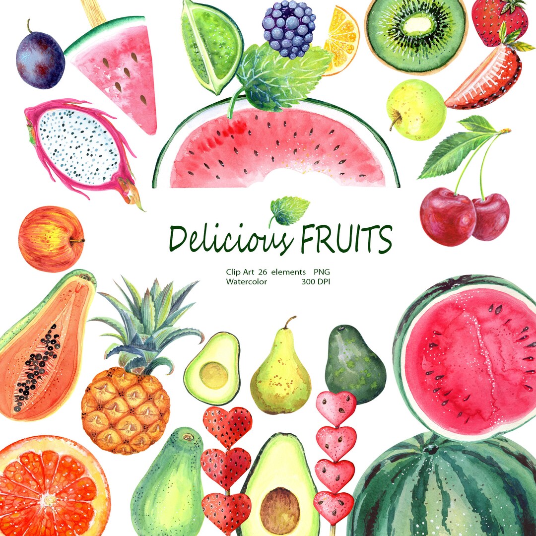 Watercolor FRUITS Clipart, Apple, Watermelon, Strawberry, Healthy Food ...
