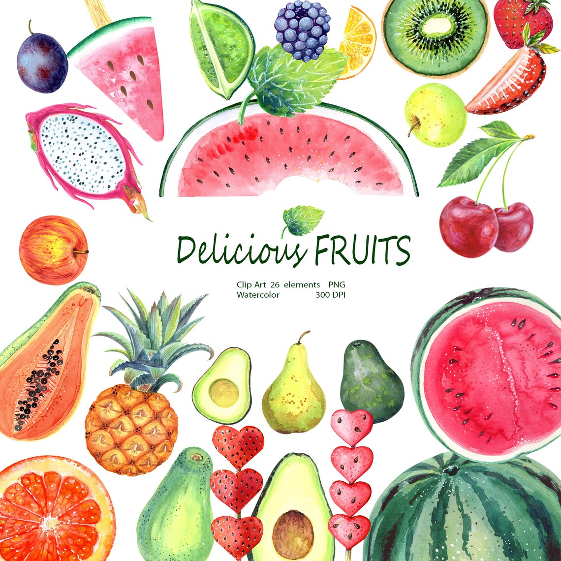 Watercolor FRUITS Clipart, Apple, Watermelon, Strawberry, Healthy Food ...