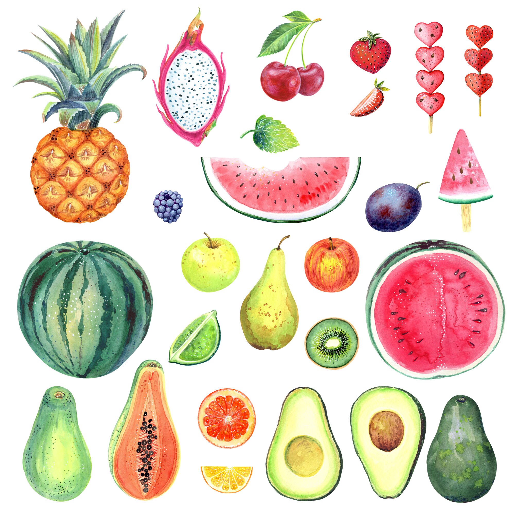 Watercolor FRUITS Clipart, Apple, Watermelon, Strawberry, Healthy Food ...