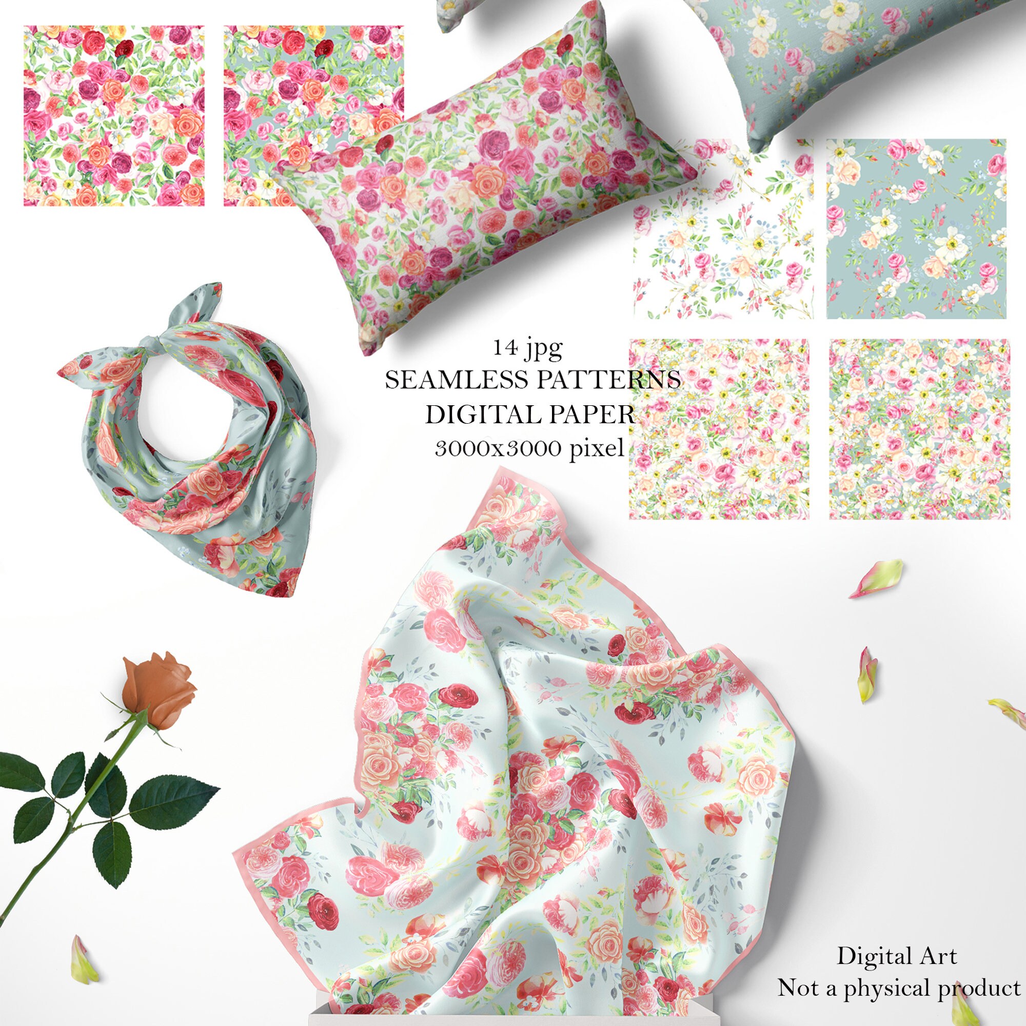 Watercolor Roses Floral Digital Paper, Garden Seamless Pattern, Yellow ...