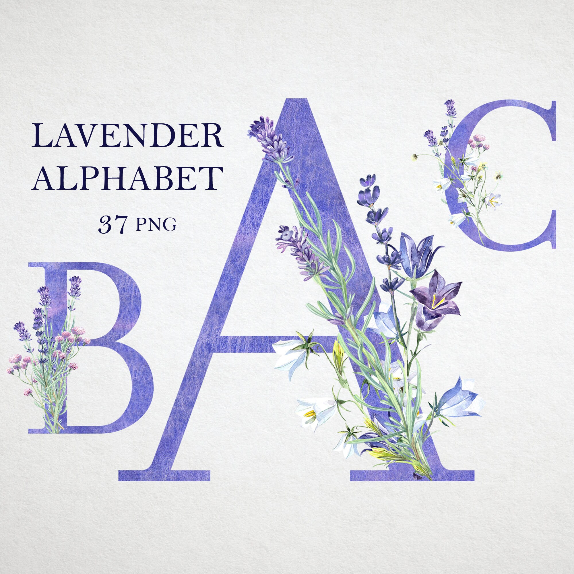 Watercolor Floral Alphabet, Embellished Letters Numbers, Lavender ...