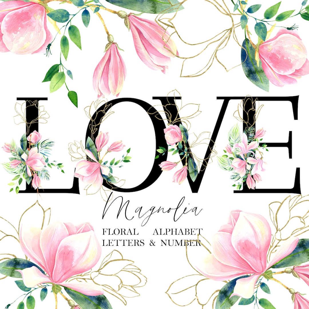 Watercolor Floral Alphabet, Embellished Letters Numbers, Magnolia Clip ...