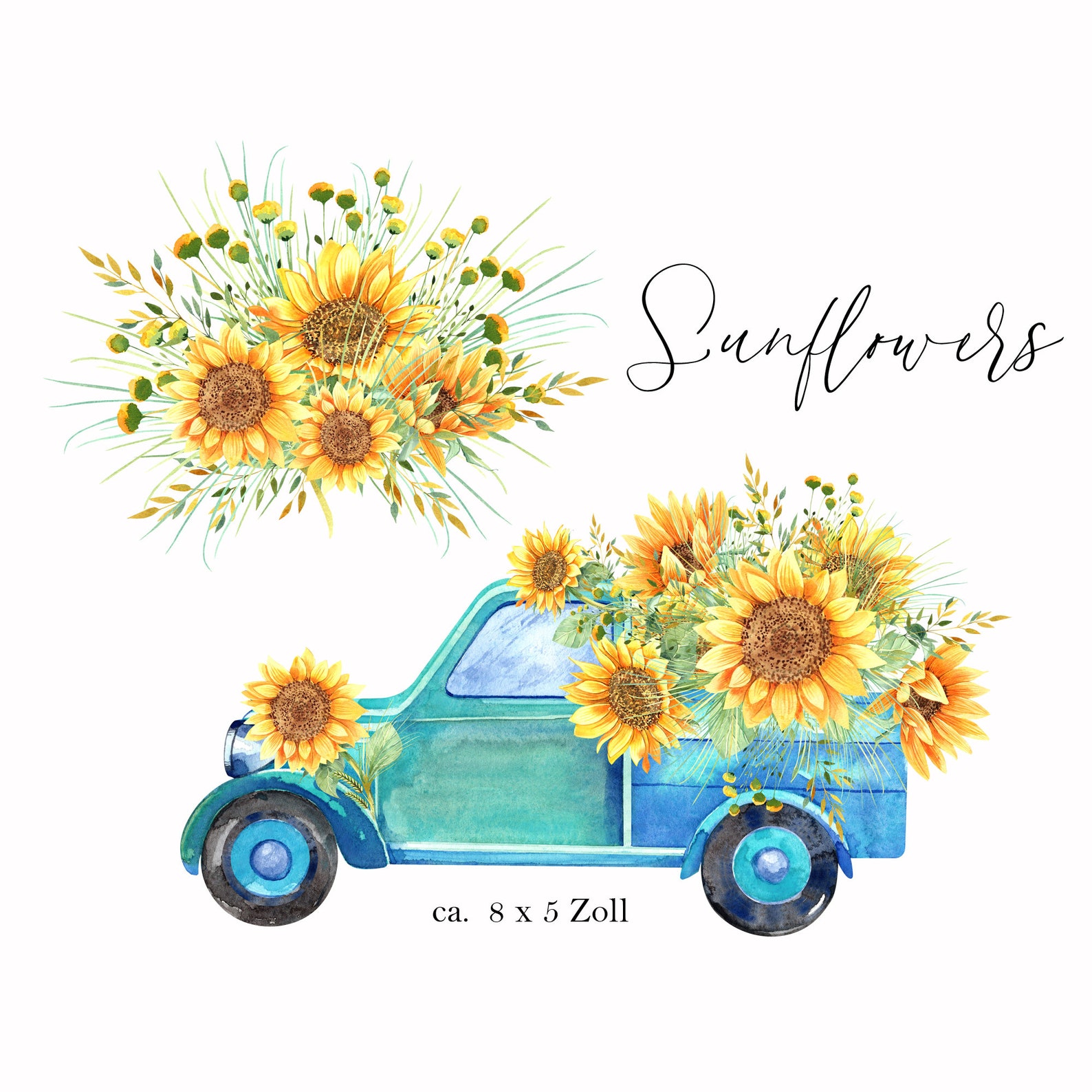 Sunflower Vintage Truck Watercolor Clipart Country Farm - Etsy