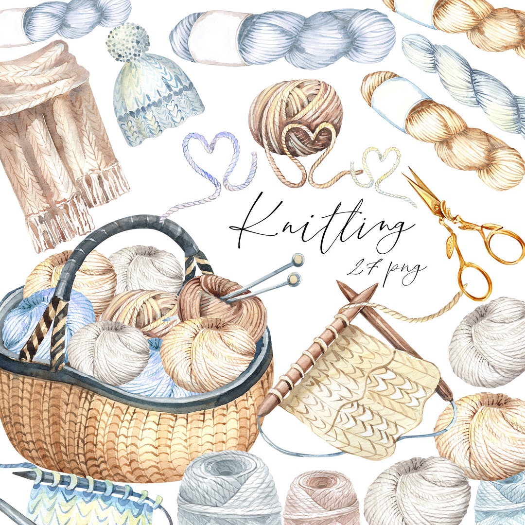 Watercolor Knitting Crochet Hobby Clipart, Yarn, Needlework, Gift ...