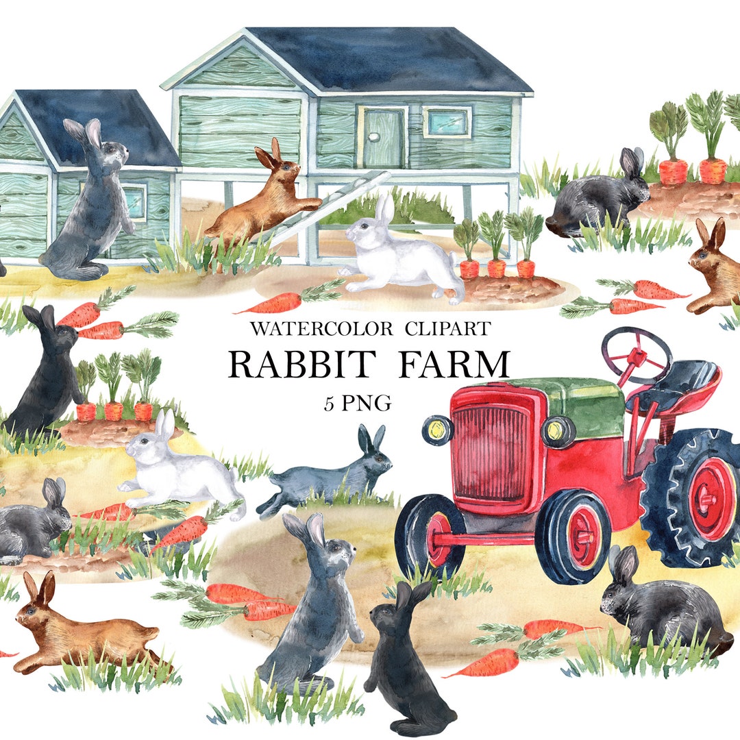 Watercolor Rabbit Village Clipart, Cute Banny, Karrot, Tractor, Farm ...