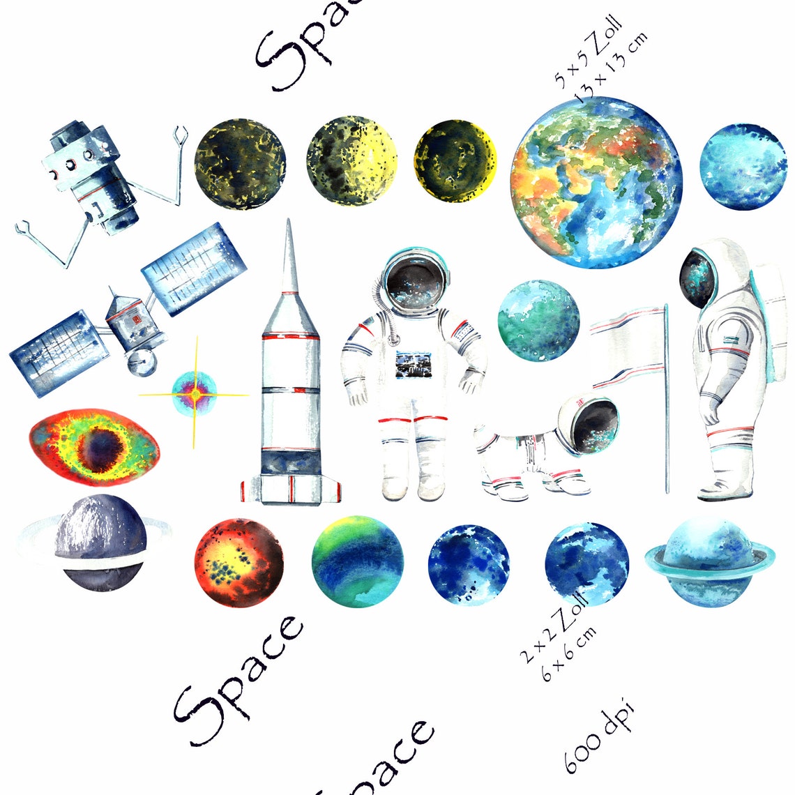 Watercolor Space Planets Clipart Astronauts Spaceship Solar - Etsy