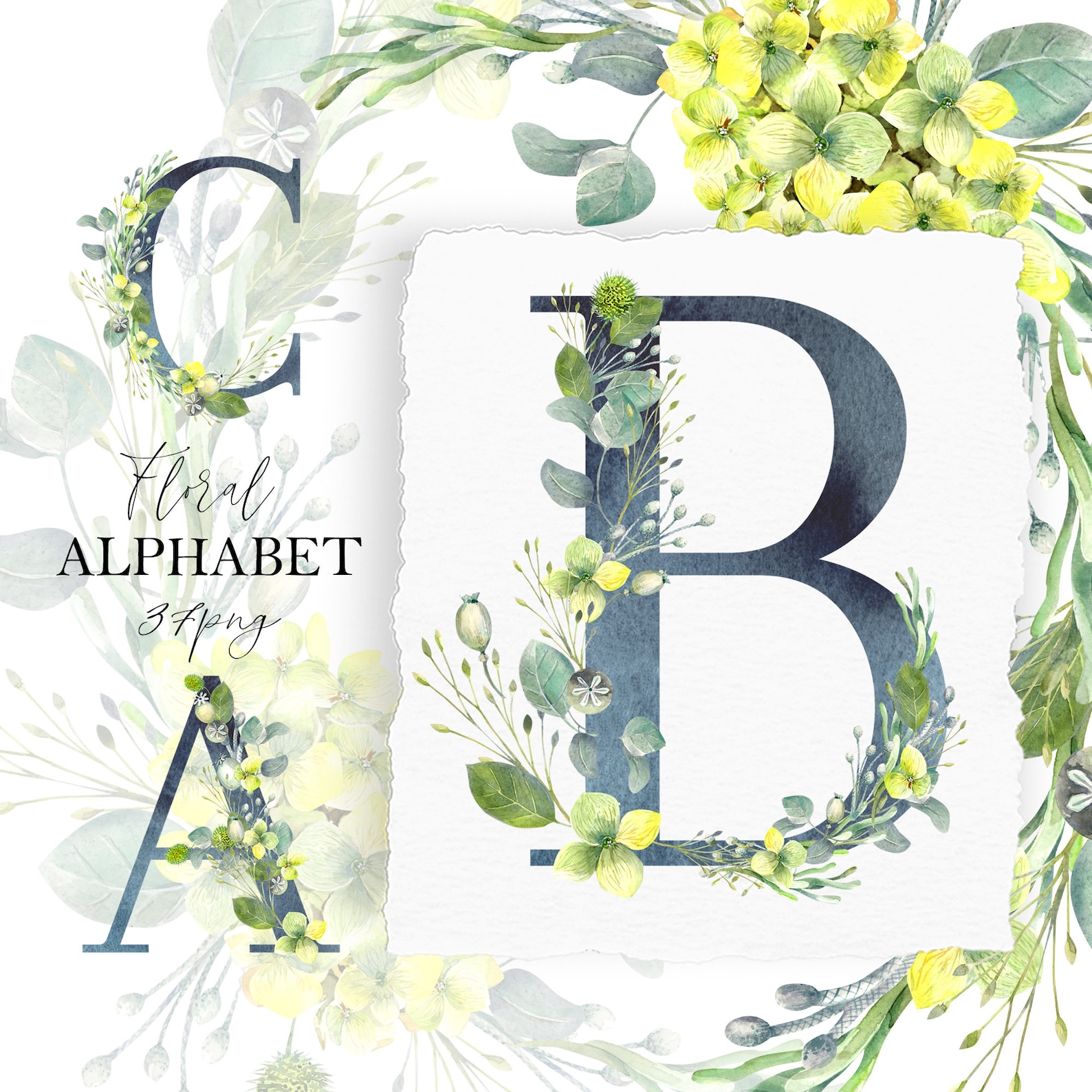 Watercolor Hydrangea Alphabet, Embellished Letters Numbers, Floral ...