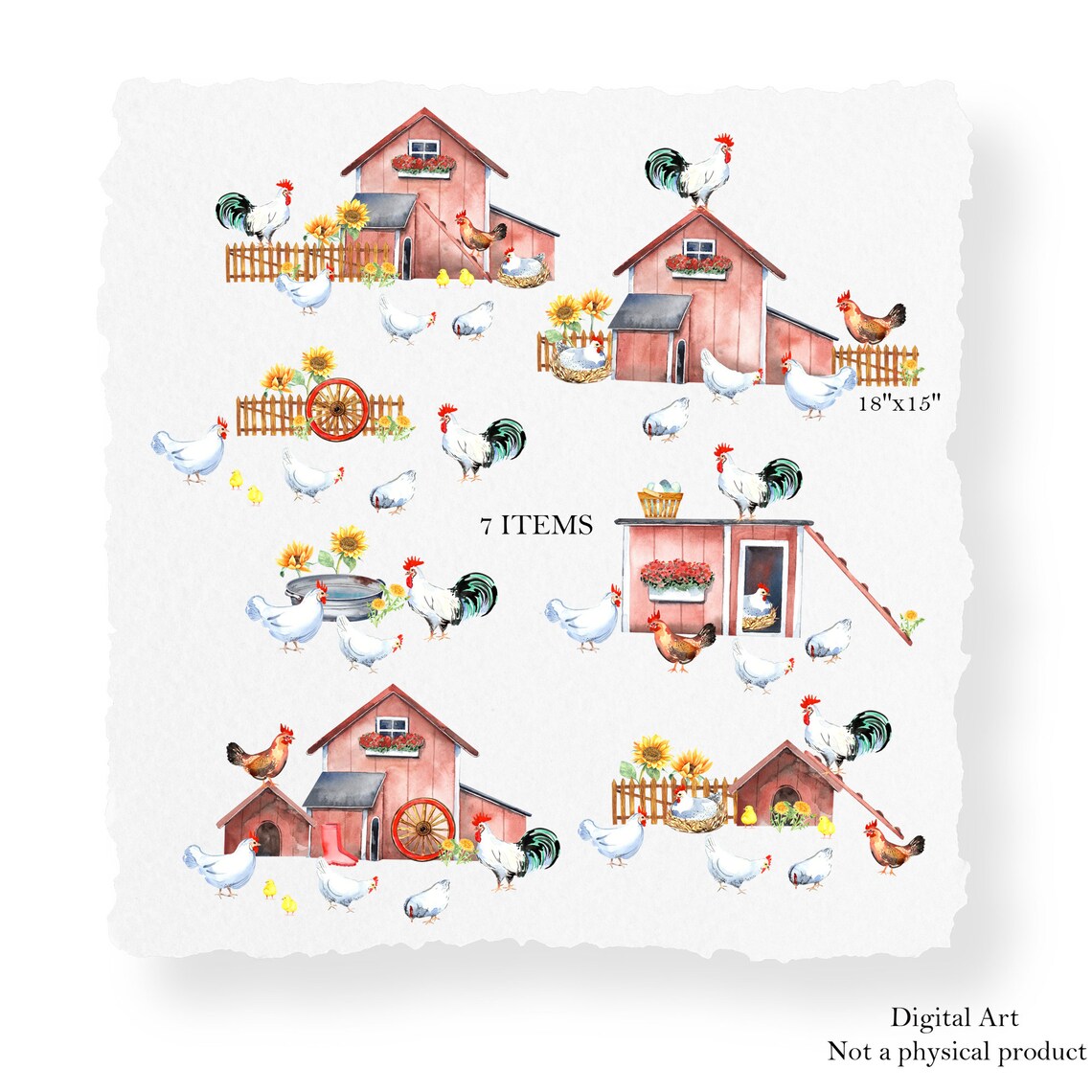 Watercolor Chicken Village Clipart, Farm Animals Clip Art, Rooster, Hen ...