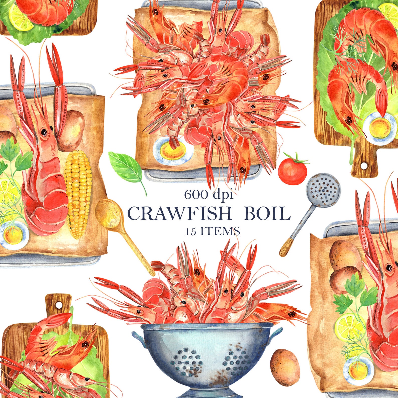 Crawfish Boil Shrimps Seafood Fish Kitchen Watercolor - Etsy