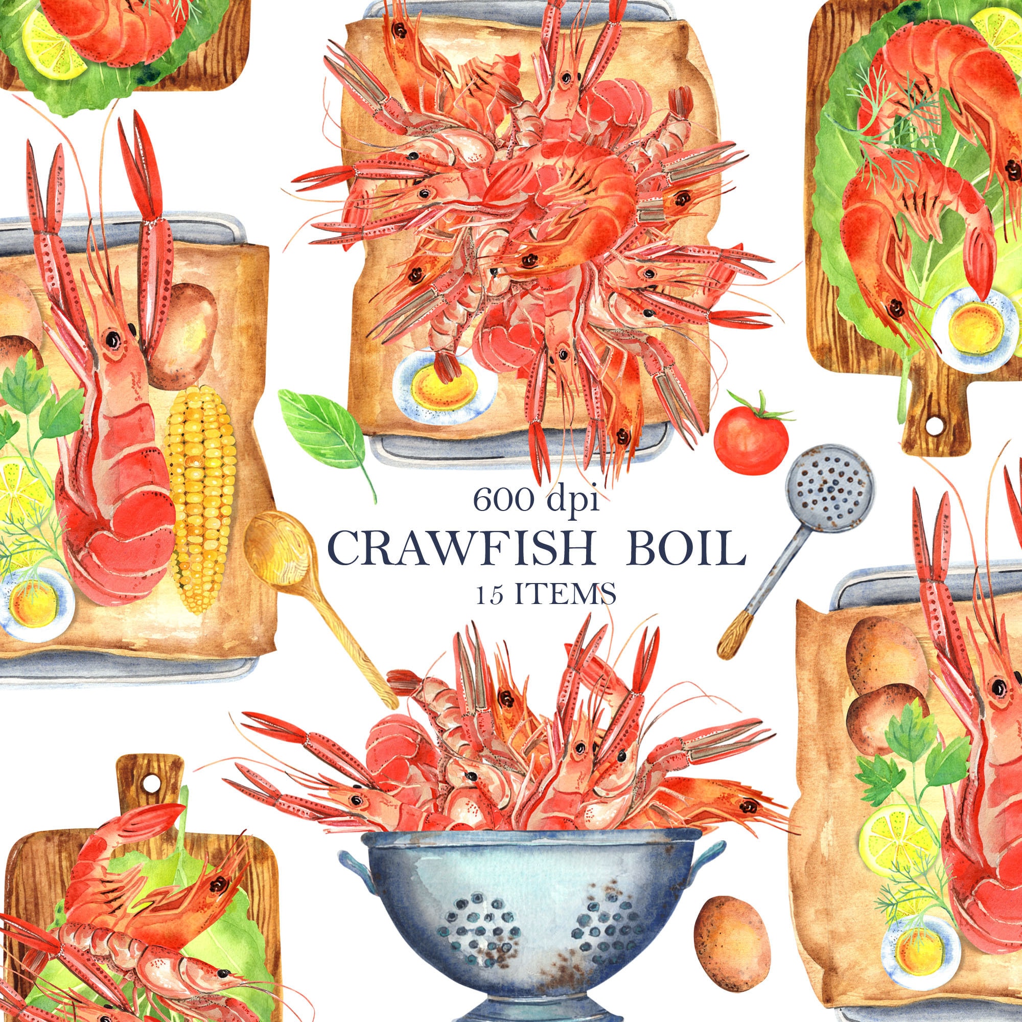 Crawfish Boil Shrimps Seafood Fish Kitchen Watercolor - Etsy