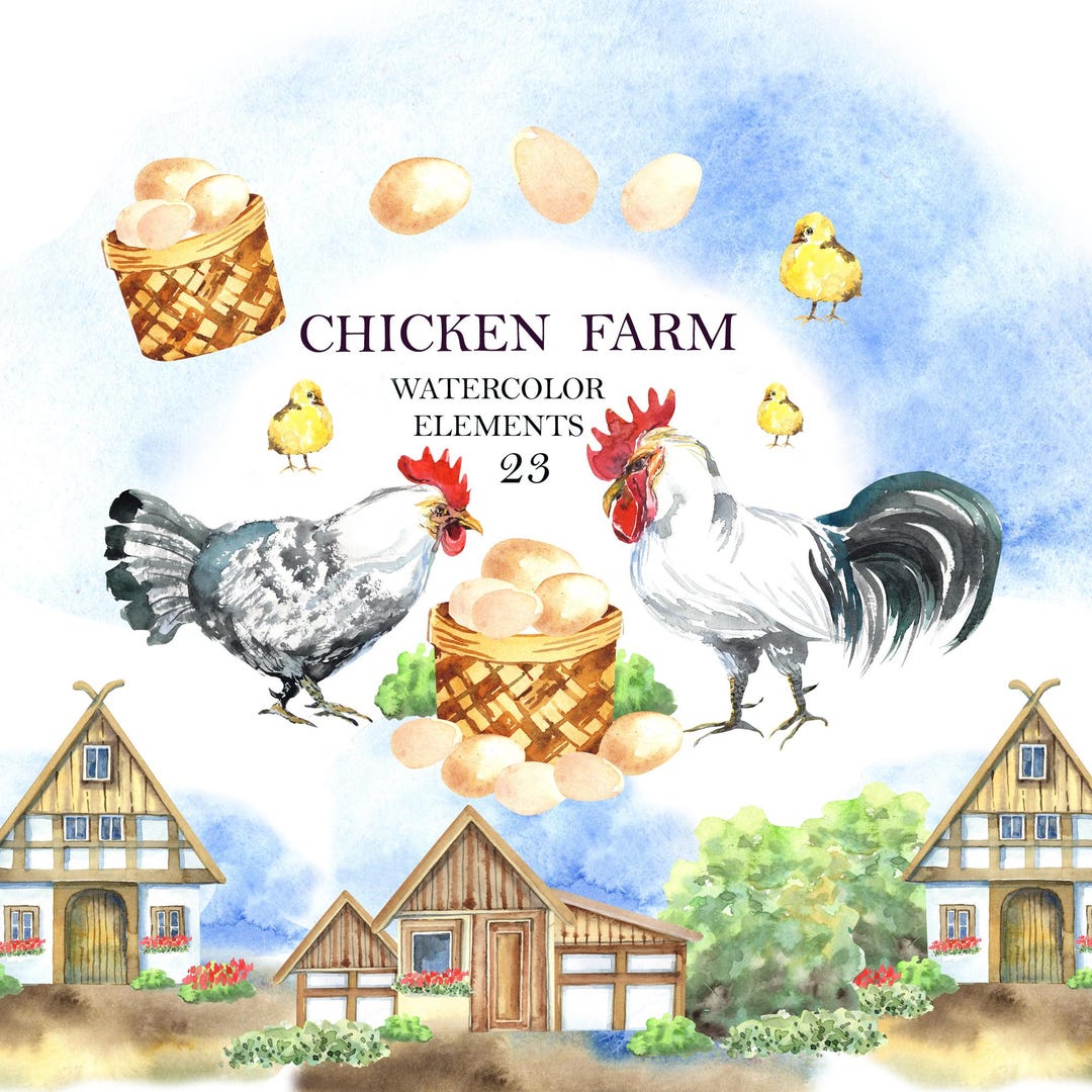 Watercolor Farm Chickens Clipart, Farm Animals Clip Art, Rooster, Hen ...