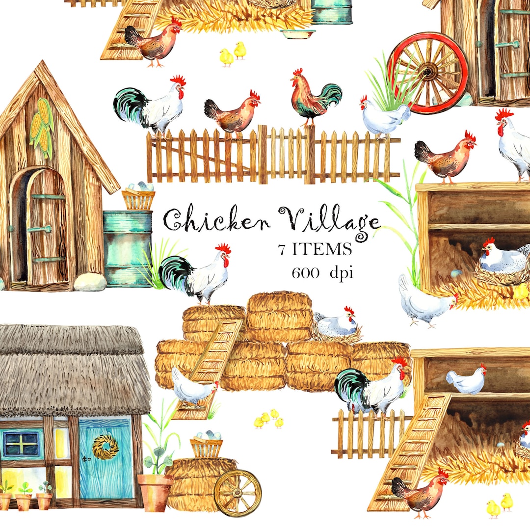 Watercolor Chicken Village Clipart, Farm Animals Clip Art, Rooster, Hen ...