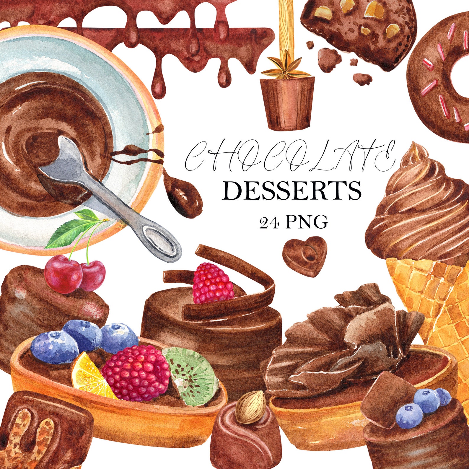 Watercolor Chocolate Desserts Clipart. Donuts, Cacao, Sweet Cake, Milk ...