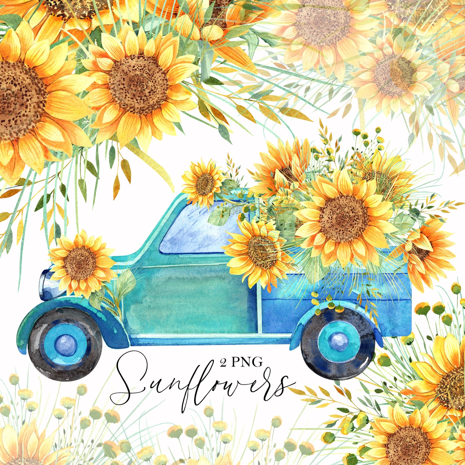 Sunflower Vintage Truck Watercolor Clipart Country Farm - Etsy