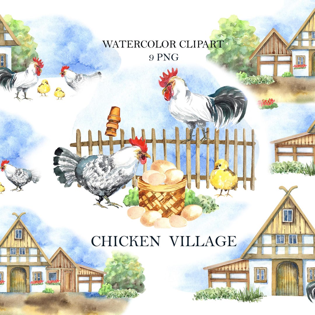 Watercolor Chickens Village Clipart, Farm Animals Clip Art, Rooster ...