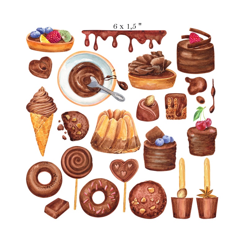 Watercolor Chocolate Desserts Clipart. Donuts, Cacao, Sweet Cake, Milk ...