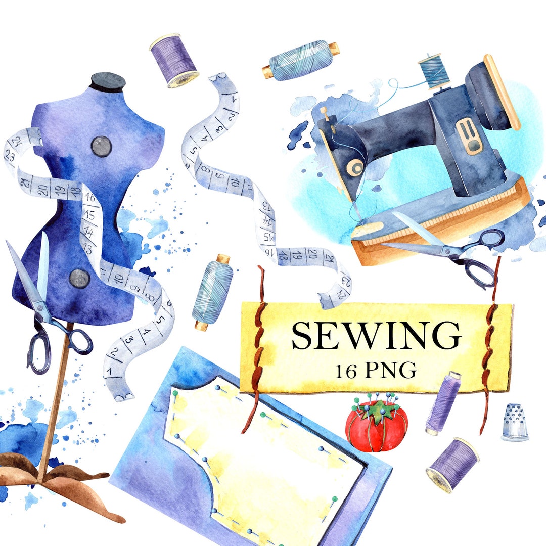 Watercolor Sewing Clipart. Dress Form, Sewing Machine, Needlework ...