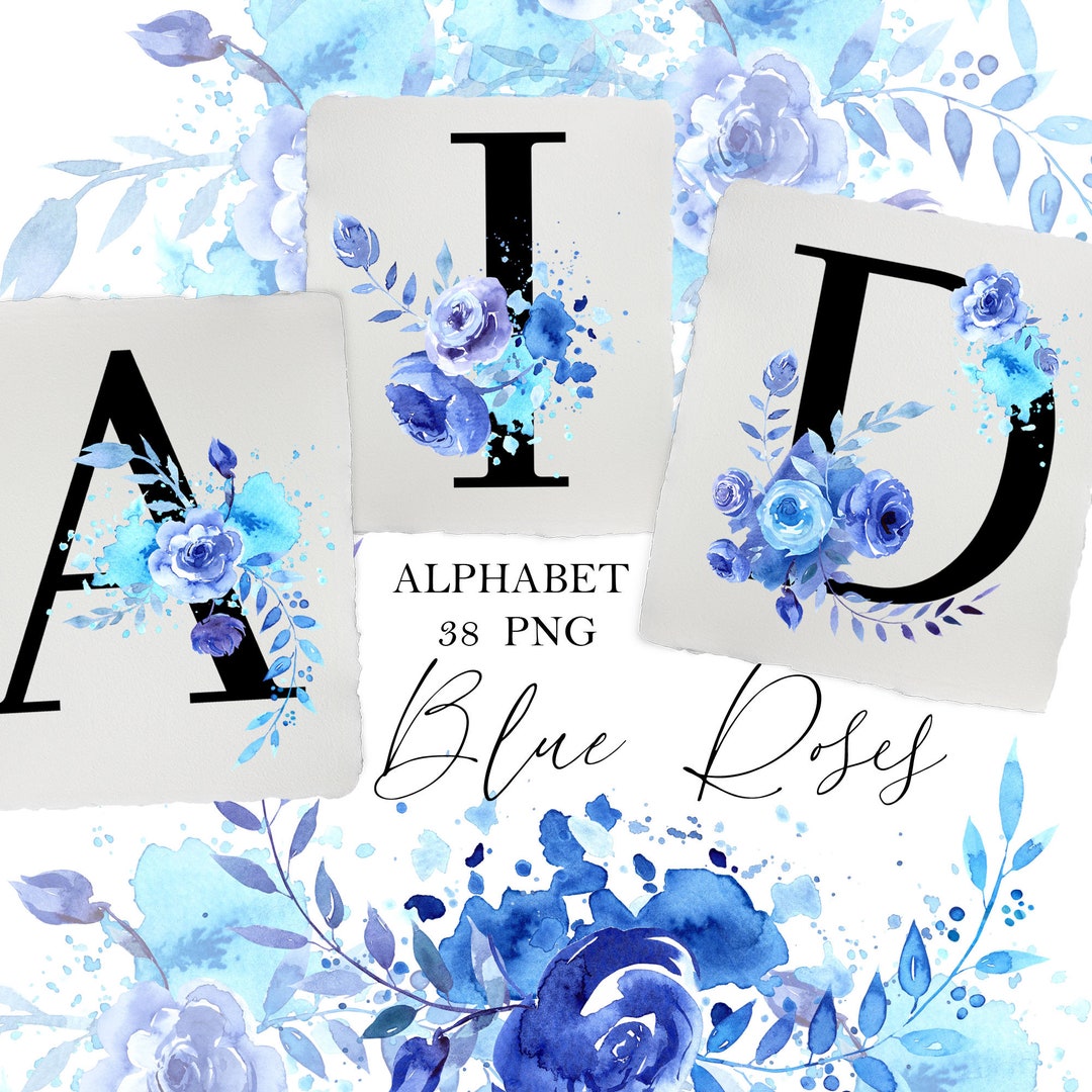 Watercolor Blue Roses Floral Alphabet, Embellished Letters Numbers ...