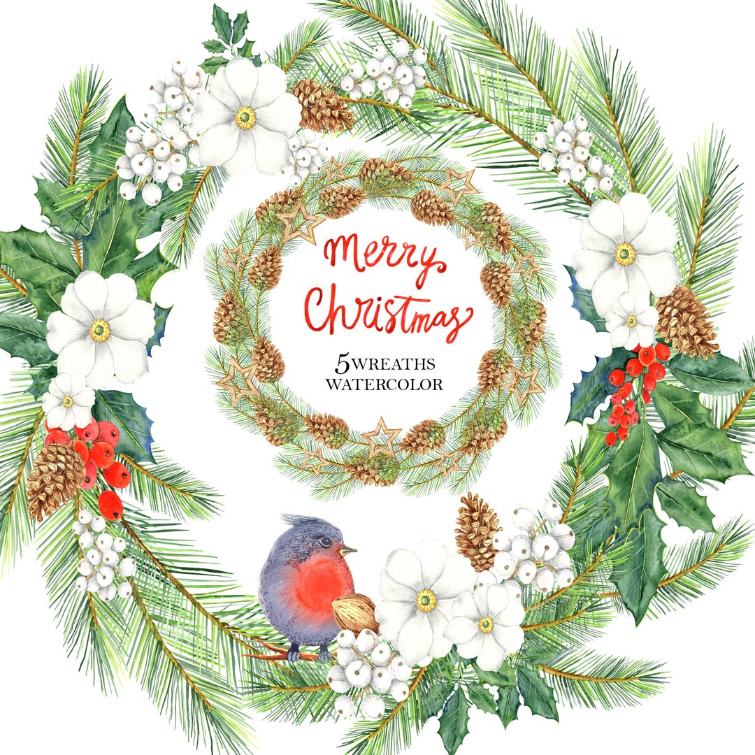 Watercolor Christmas Wreaths Floral Frames Clipart Pine - Etsy