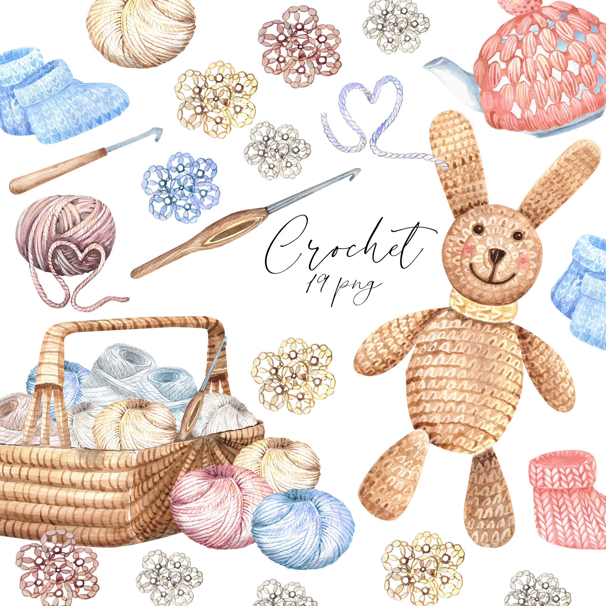 Watercolor Crochet Knitting Hobby Clipart, Yarn, Needlework, Rabbit ...