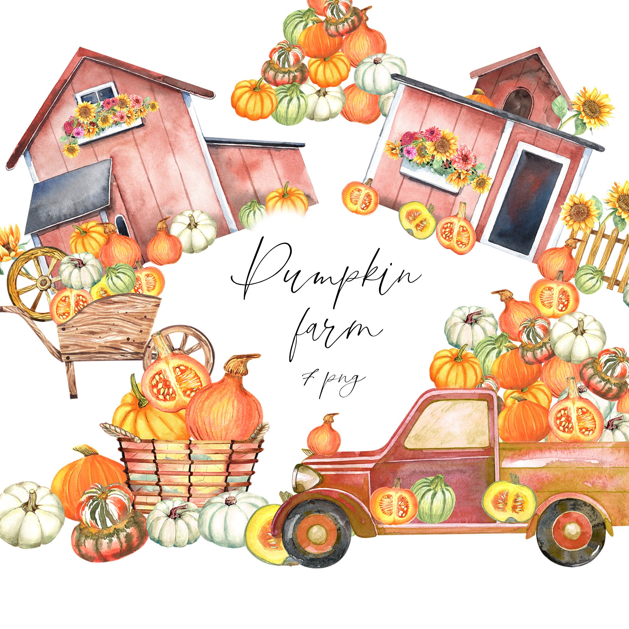 Watercolor Pumpkin Farm Village Clipart, Sunflowers, Retro Truck ...