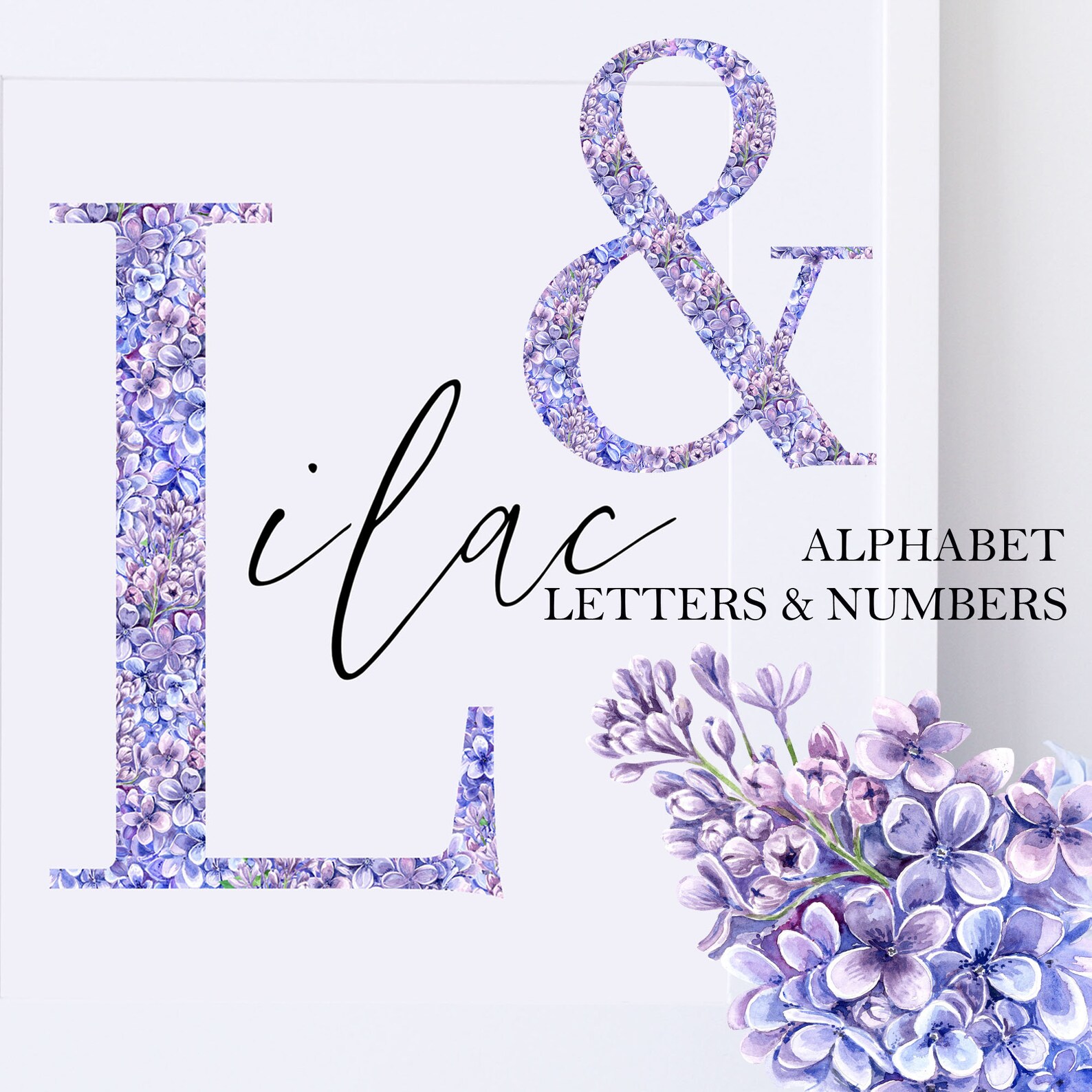 Watercolor Purple Lilac Floral Alphabet, Embellished Letters Numbers ...