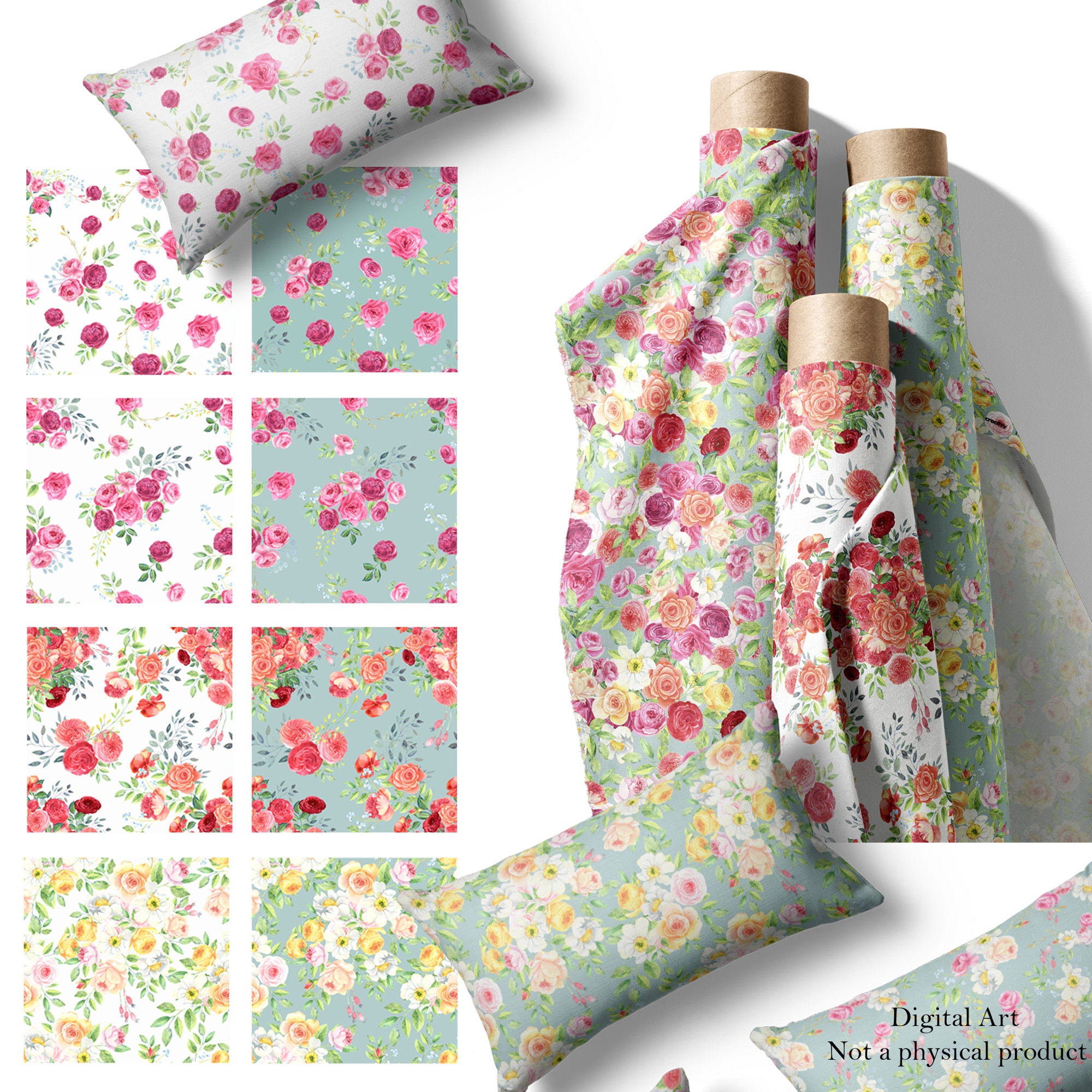 Watercolor Roses Floral Digital Paper, Garden Seamless Pattern, Yellow ...