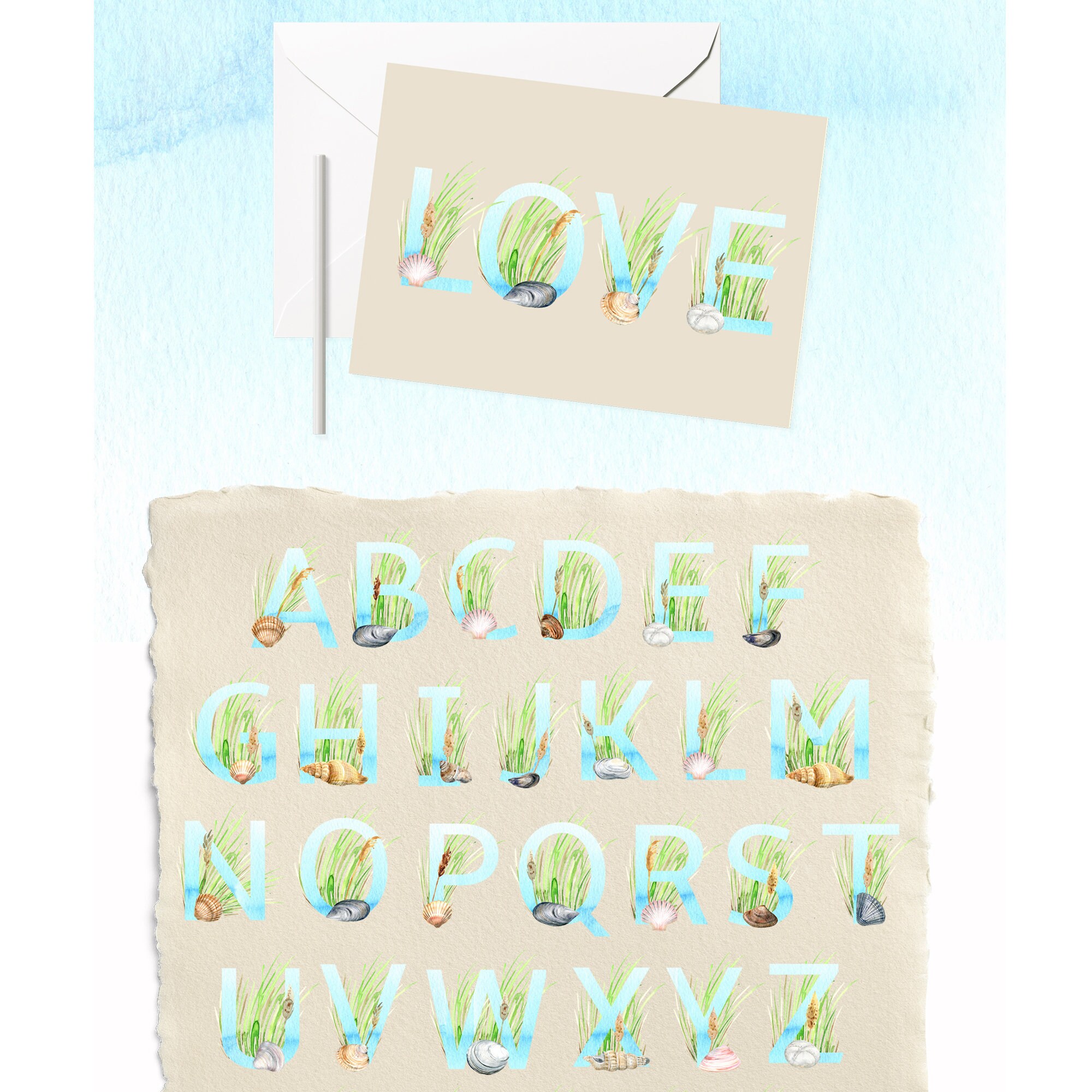 Watercolor Floral Alphabet, Shell, Beach, Embellished Letter Clip Art ...