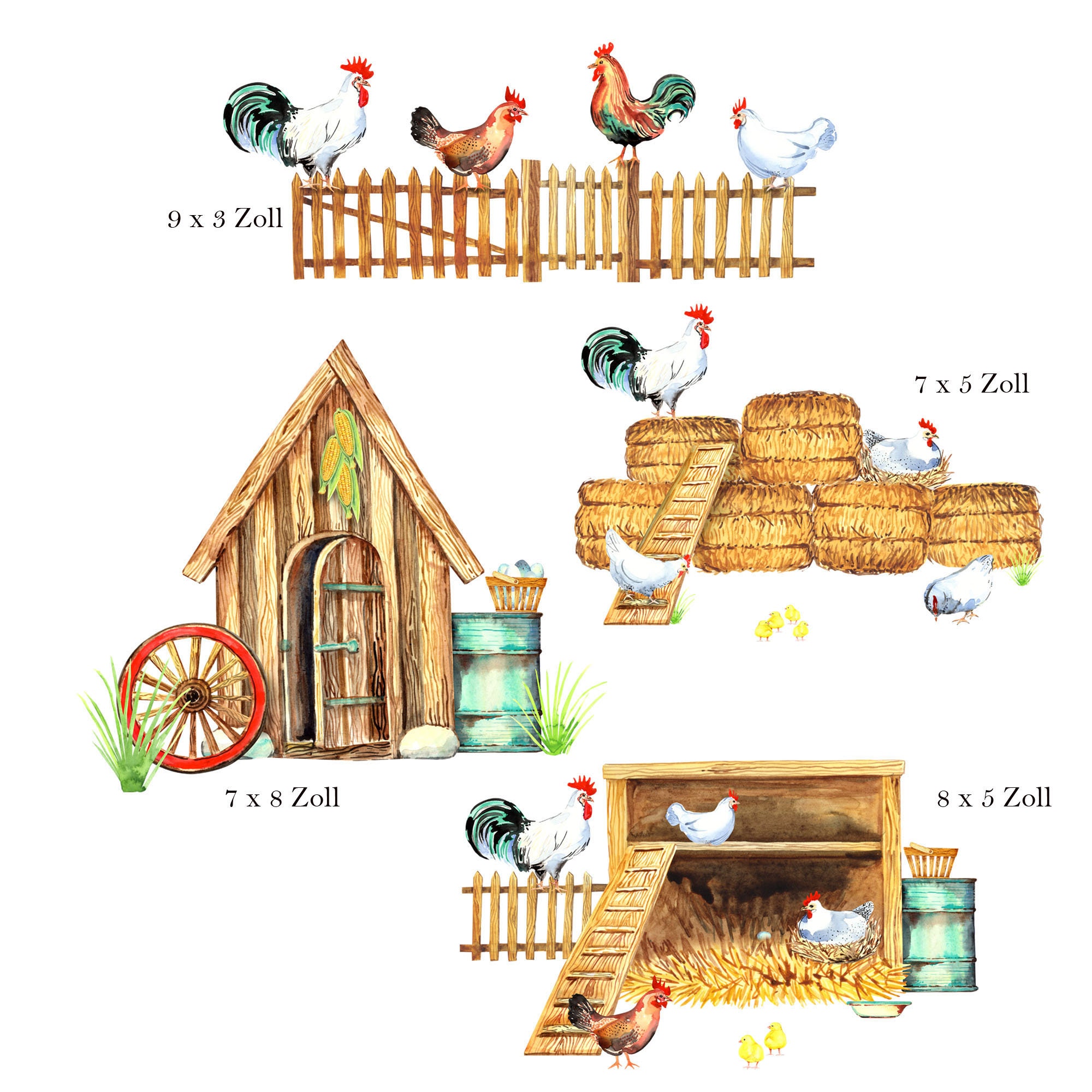 Watercolor Chicken Village Clipart, Farm Animals Clip Art, Rooster, Hen ...