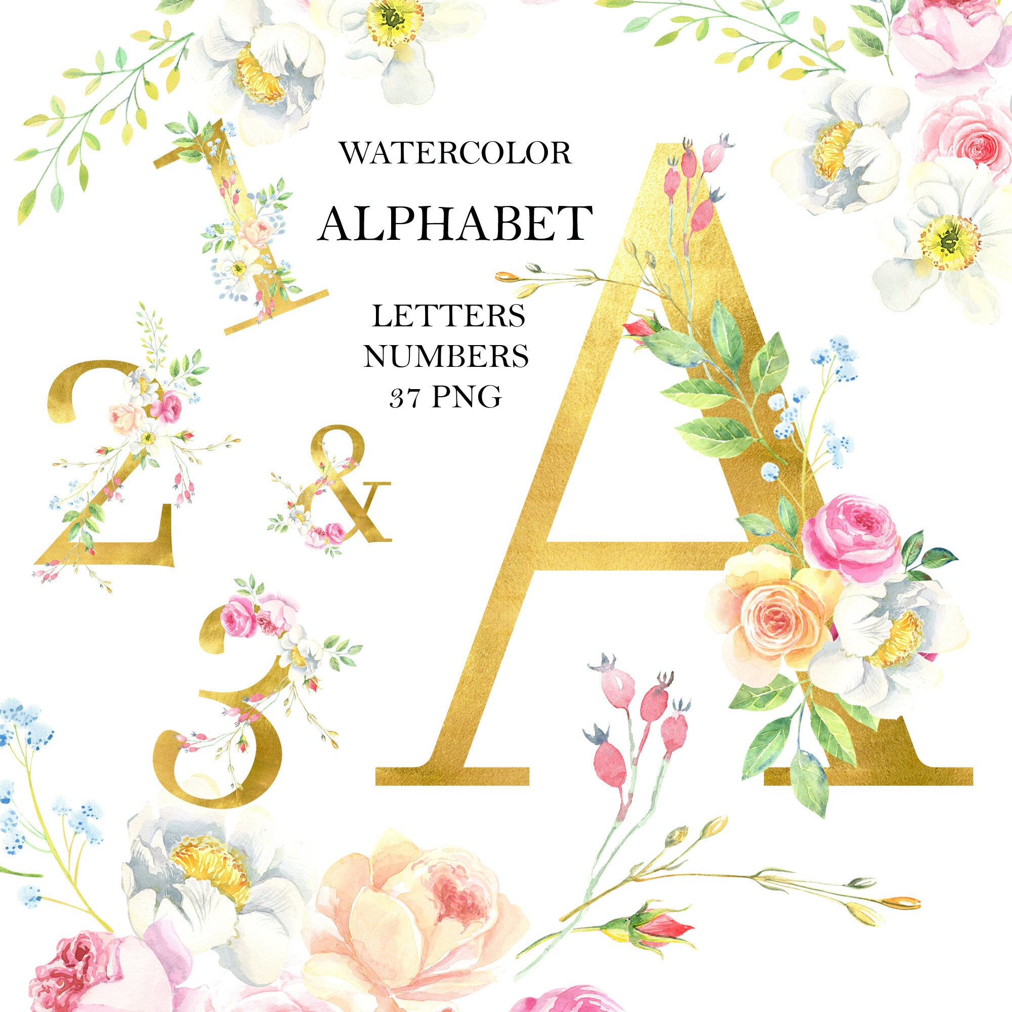 Watercolor Floral Gold Alphabet, Dusty, Yellow, White Roses ...
