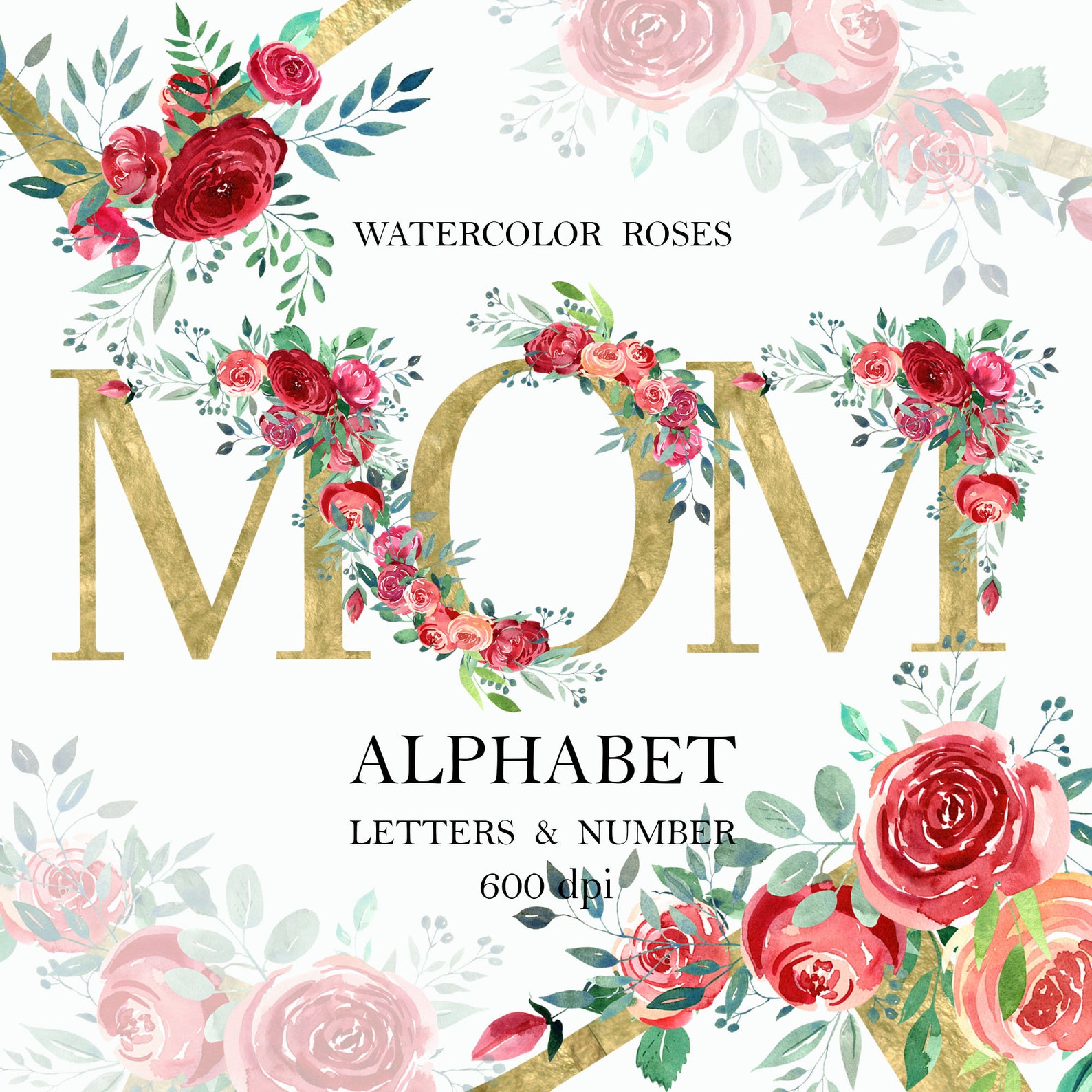 Watercolor Floral Alphabet, Gold Embellished Letters Numbers, Red Roses ...
