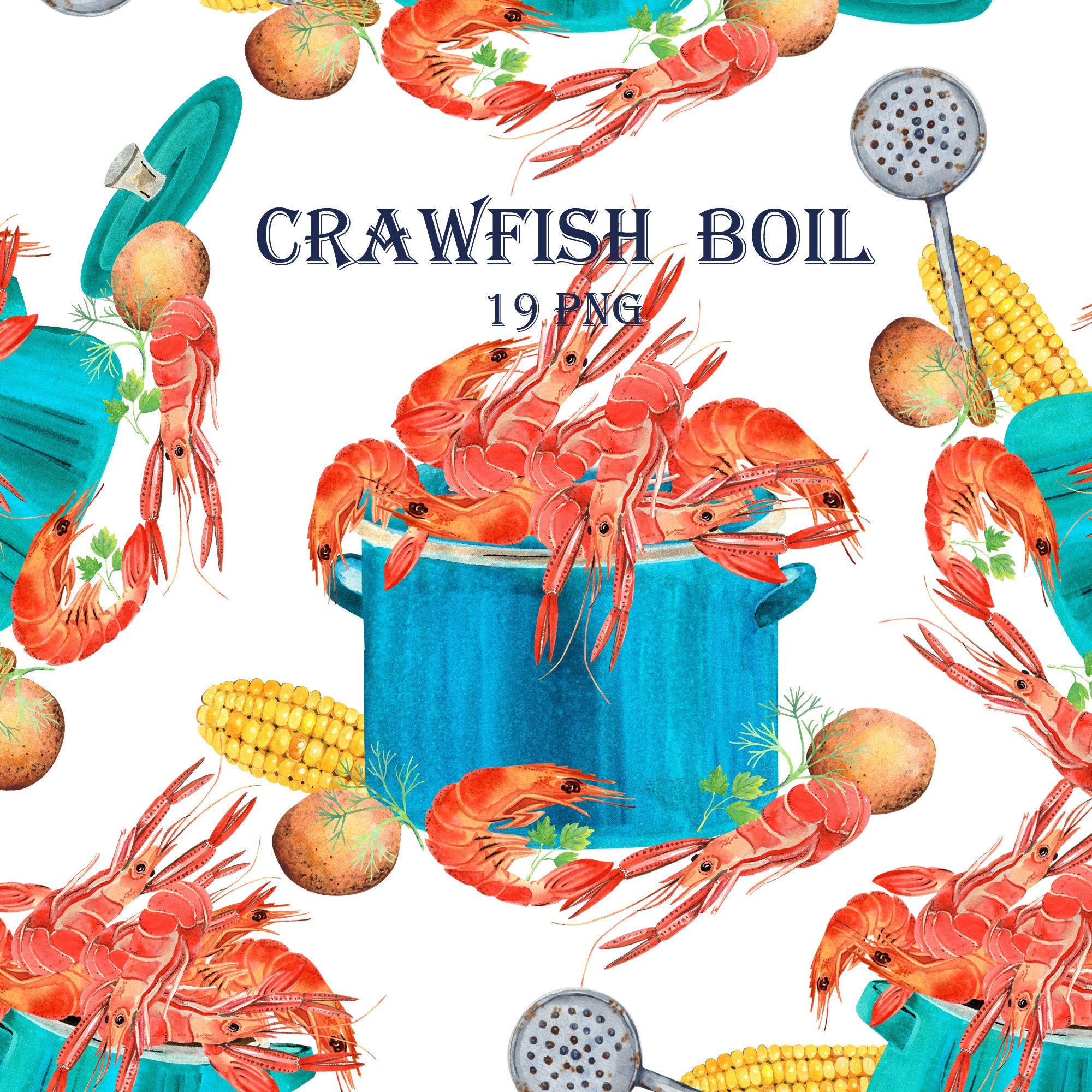Seafood Crawfish Boil, Louisiana Clipart, Shrimps, Fish, Squid Kitchen ...