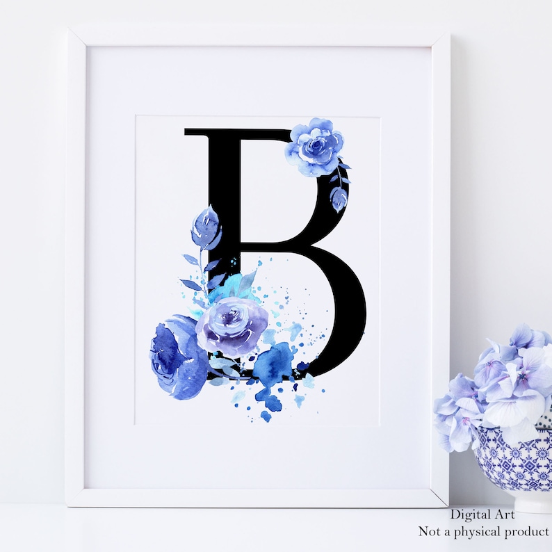 Watercolor Blue Roses Floral Alphabet, Embellished Letters Numbers ...