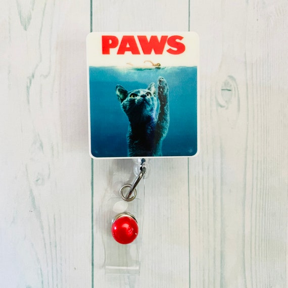 Funny Jaws joke Paws cat themed badge reel | Etsy