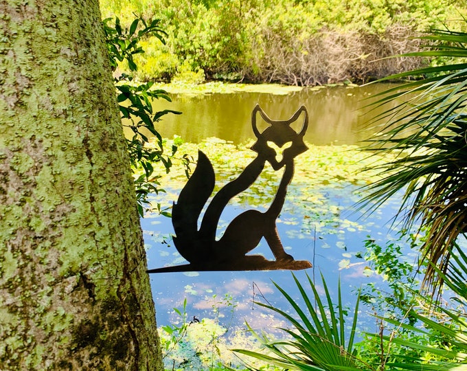 Exterior Rustic Metal Fox Garden Stake Yard Art Sculpture Flower Bed ...