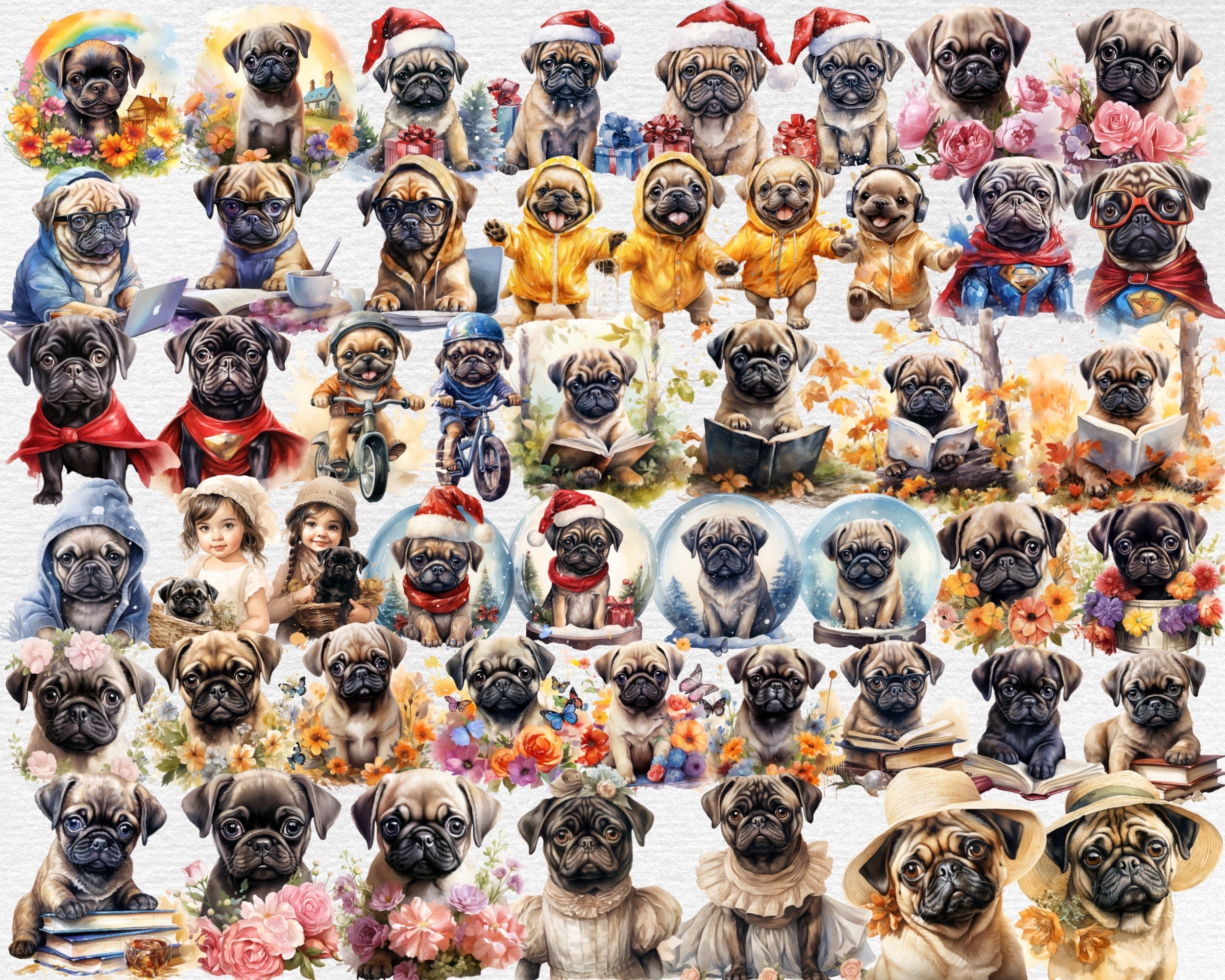 Pugs Watercolor Clipart Bundle - 346 PNG Adorable Pug Images, Cute Dog ...