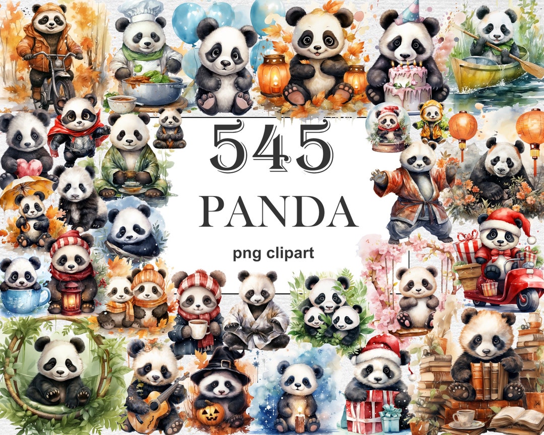Pandas Watercolor Clipart Bundle - 545 PNG Cute Adorable Panda Images ...