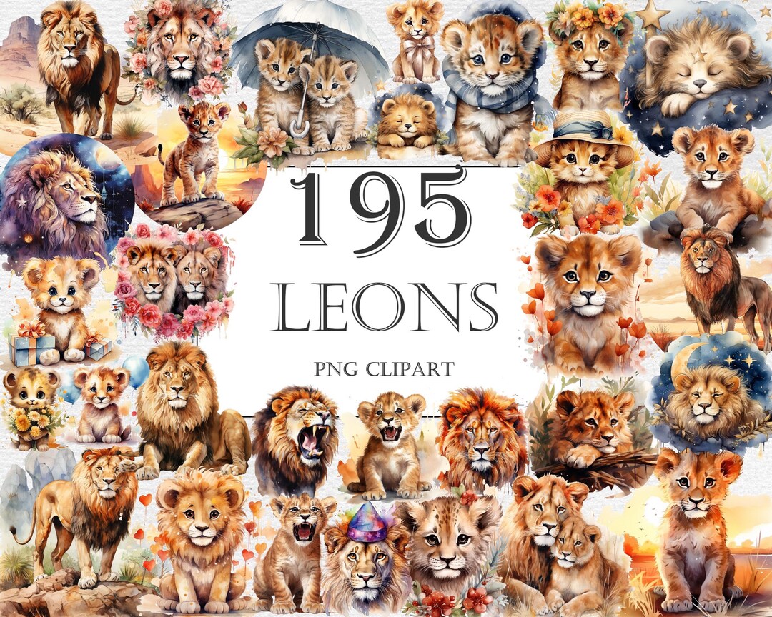 Lions Watercolor Clipart Bundle - 195 PNG Cute Baby Lions Images ...