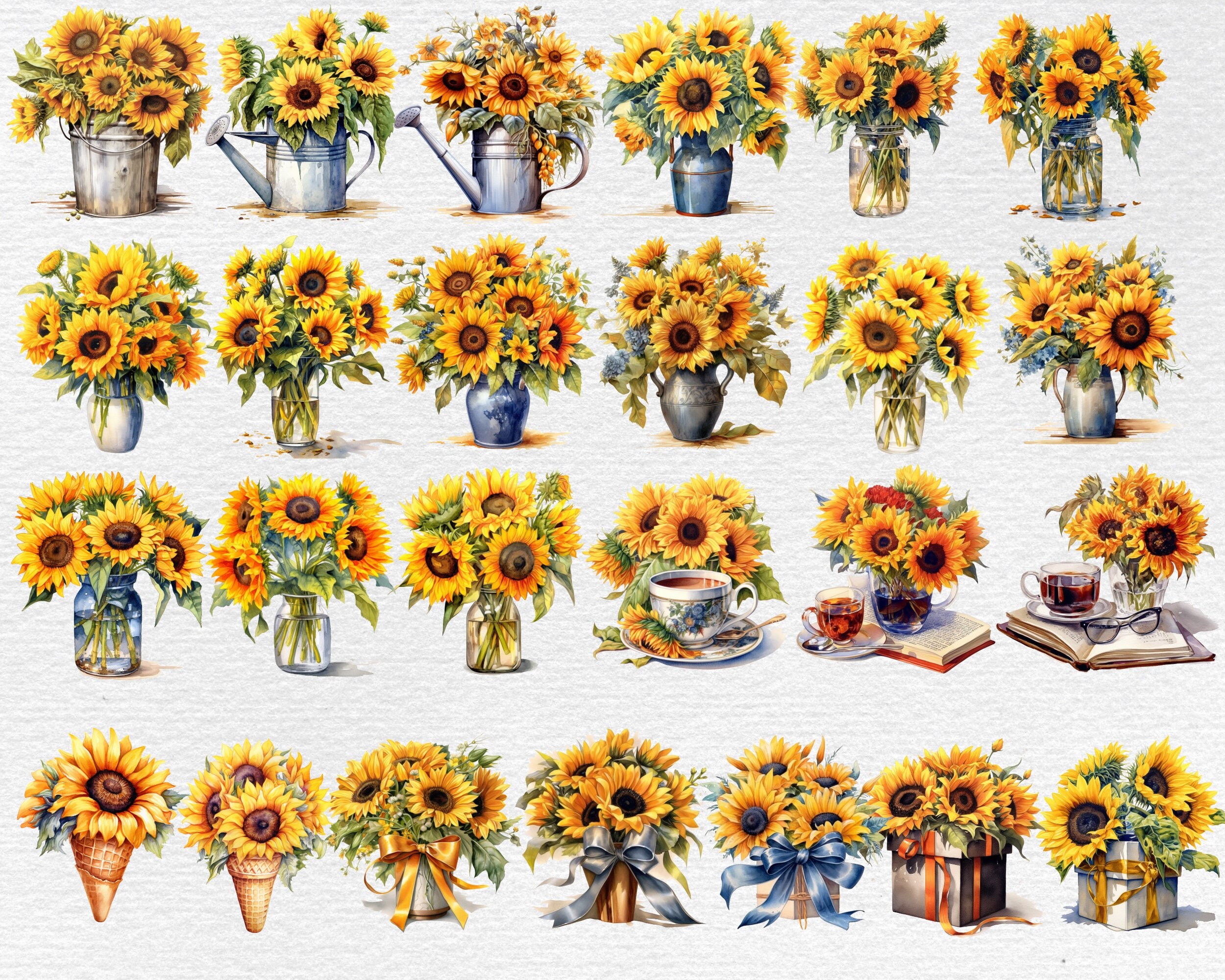 Sunflowers Watercolor Clipart Bundle - 160 PNG Images of Bright Summer ...