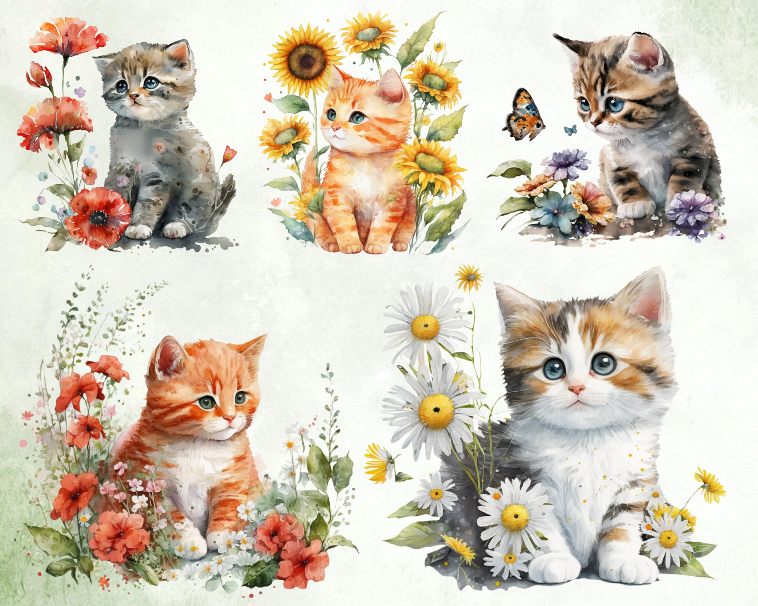 Floral Cat Clipart, Watercolour Cute Kittens Clipart, Instant Download ...