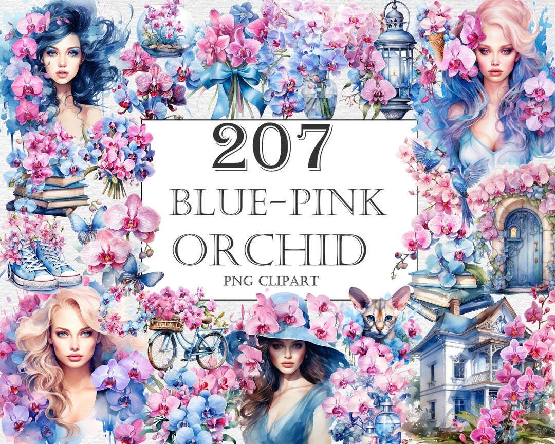 Blue-pink Orchids Watercolor Clipart Bundle 207 PNG Flower Images ...