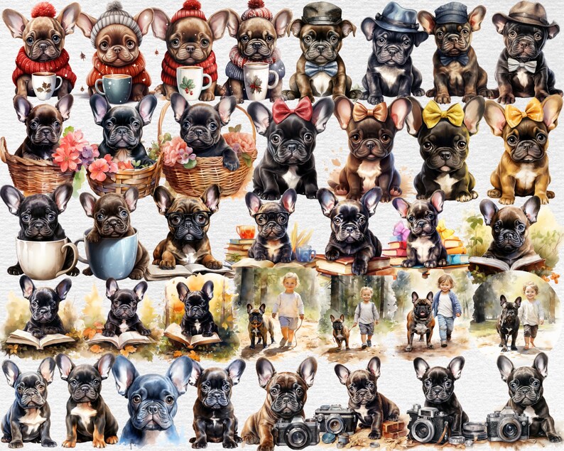 French Bulldog Watercolor Clipart Bundle - 325 PNG Adorable Dog Images ...