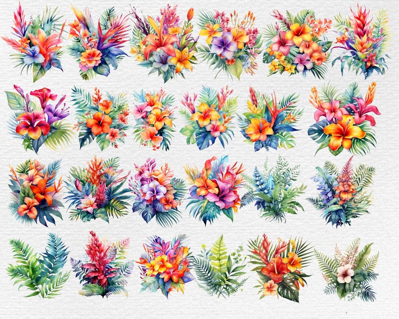 Tropical Flowers Watercolor Clipart Bundle - 176 PNG Flower Images ...