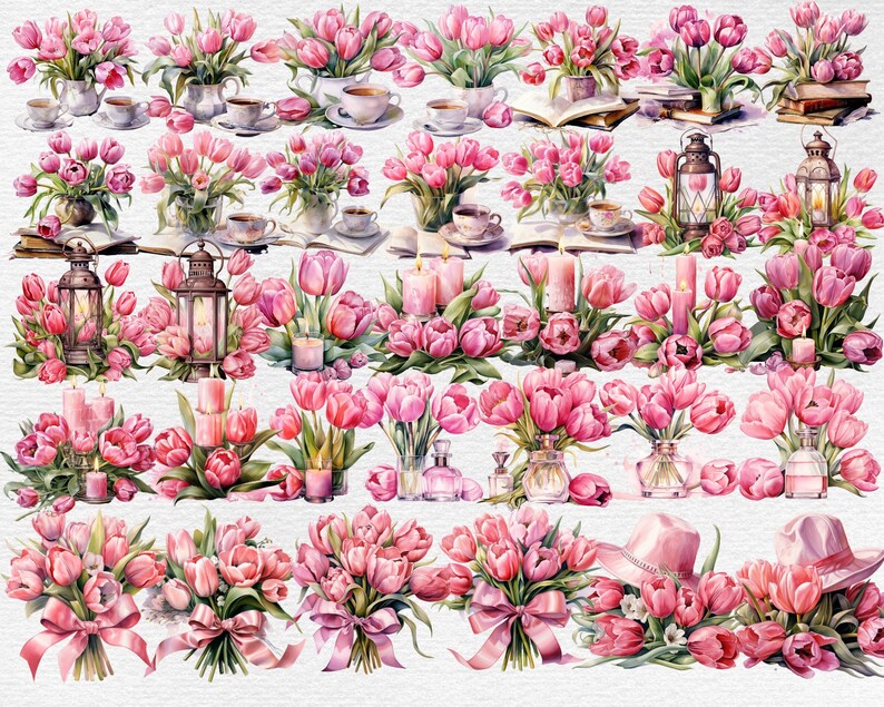 Pink Tulips Watercolor Clipart Bundle, 201 PNG Tulip Flower Images ...