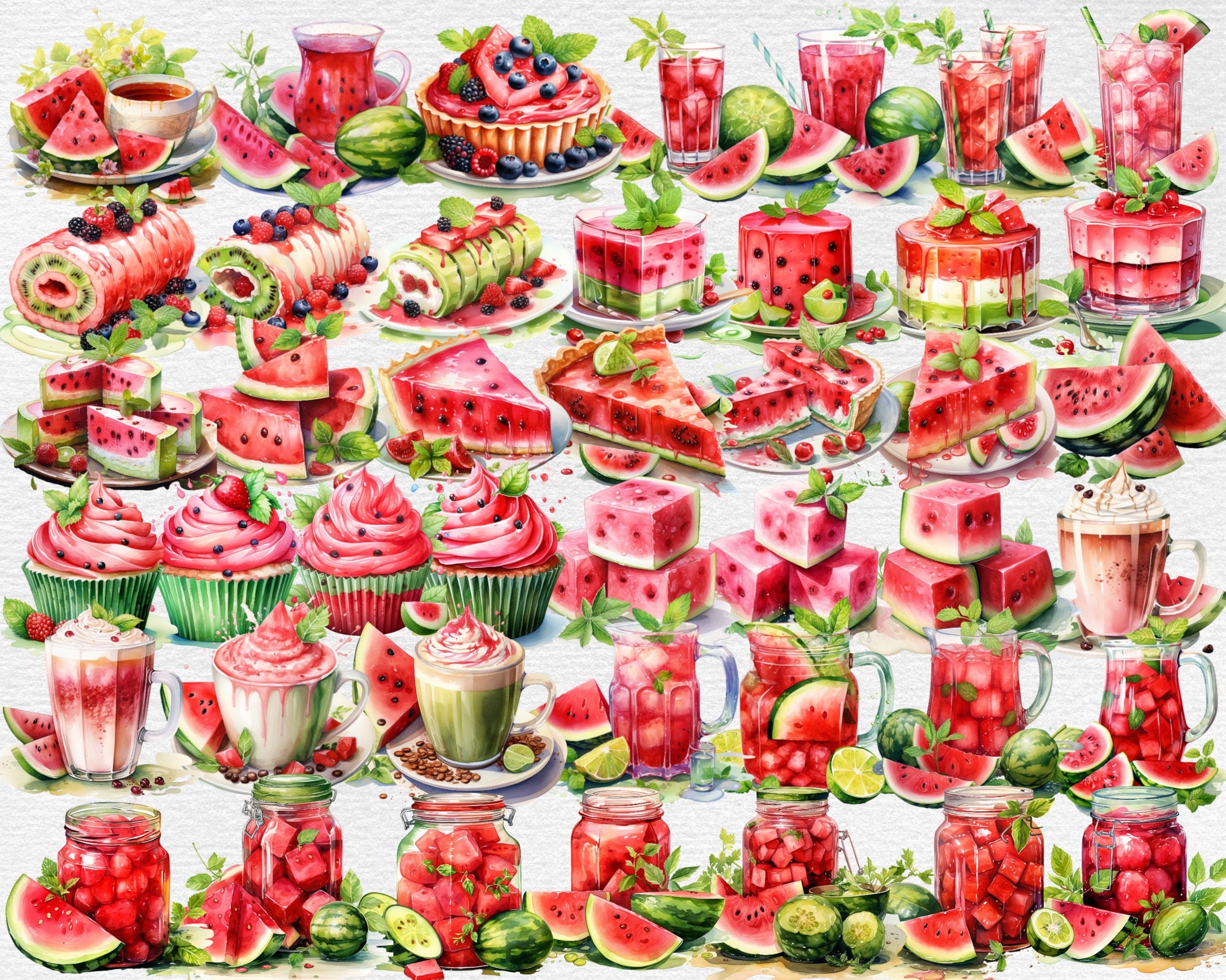 Watermelons Watercolor Clipart Bundle 187 PNG Images of Berries Cake ...