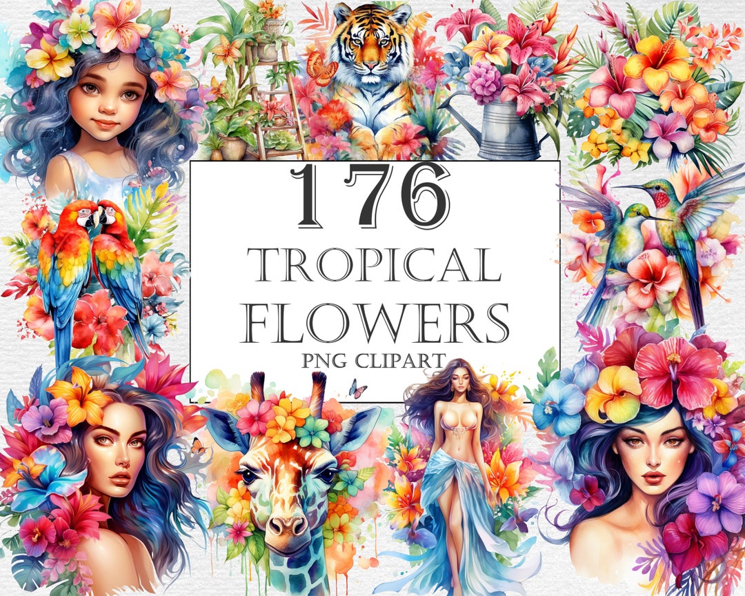 Tropical Flowers Watercolor Clipart Bundle - 176 PNG Flower Images ...