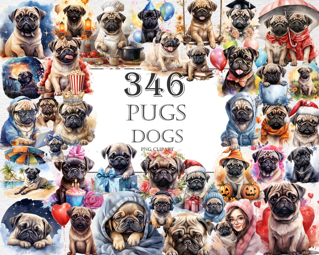 Pugs Watercolor Clipart Bundle - 346 PNG Adorable Pug Images, Cute Dog ...