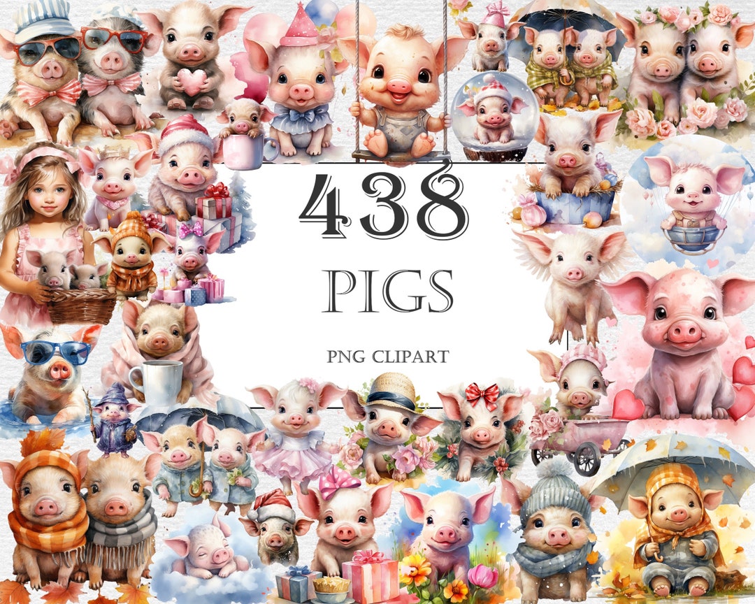 Pigs Watercolor Clipart Bundle - 438 PNG Cute Pig Images, Cartoon Style ...