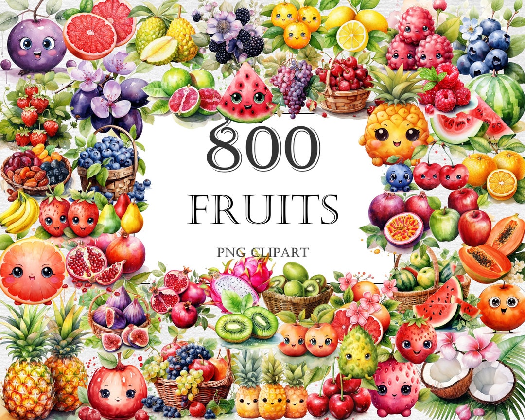 Fruits Watercolor Clipart Bundle - 800 PNG Fresh Sweet Fruit Images ...